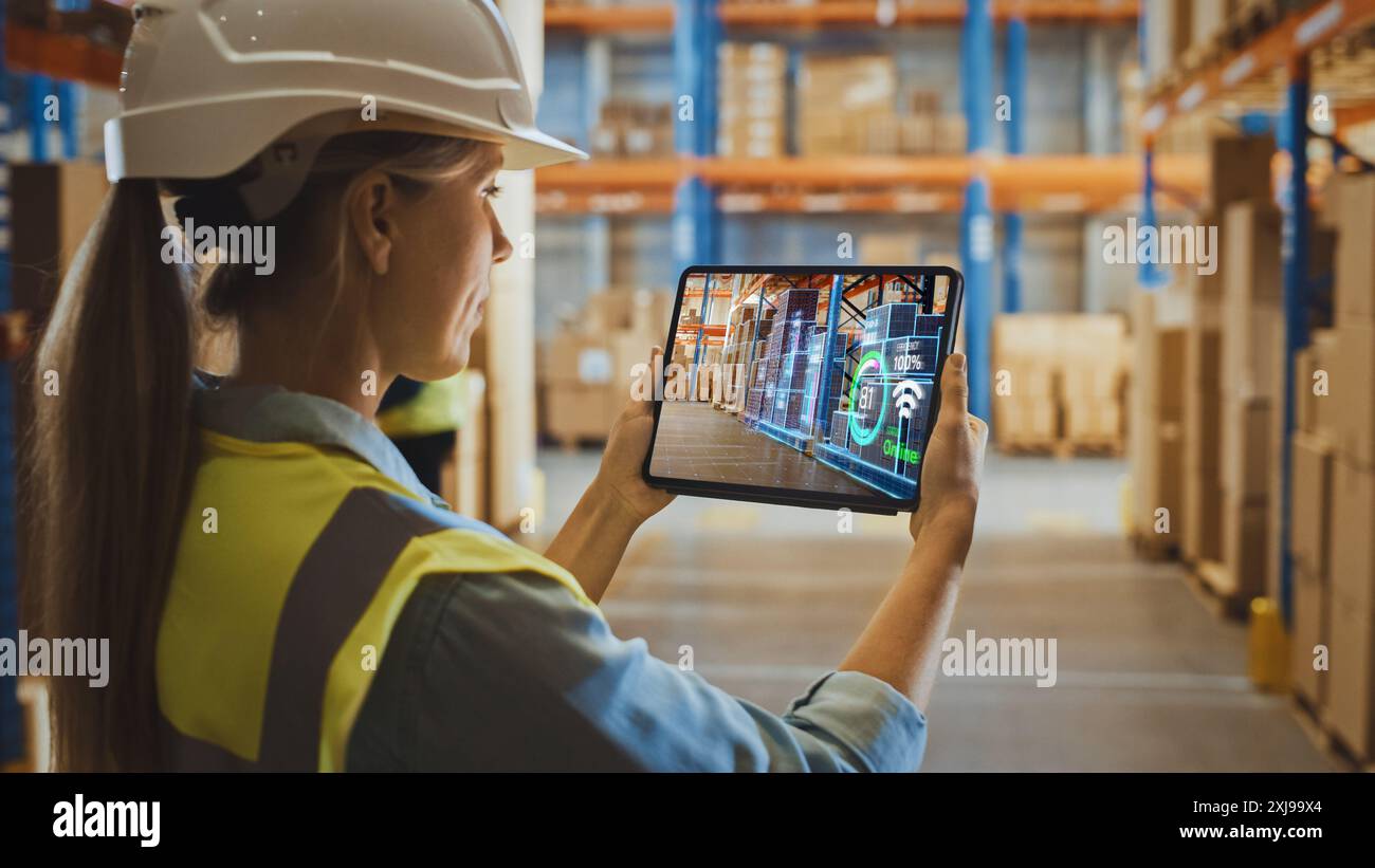 Futuristic Technology Warehouse Concept: Female Worker Doing Inventory ...