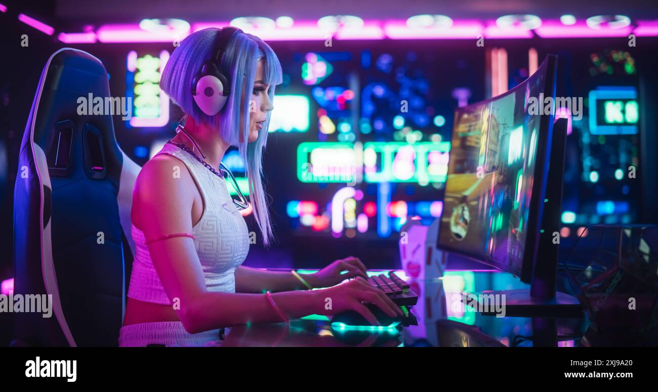 Professional Beautiful Female eSports Gamer Playing 3D Shooter Video ...