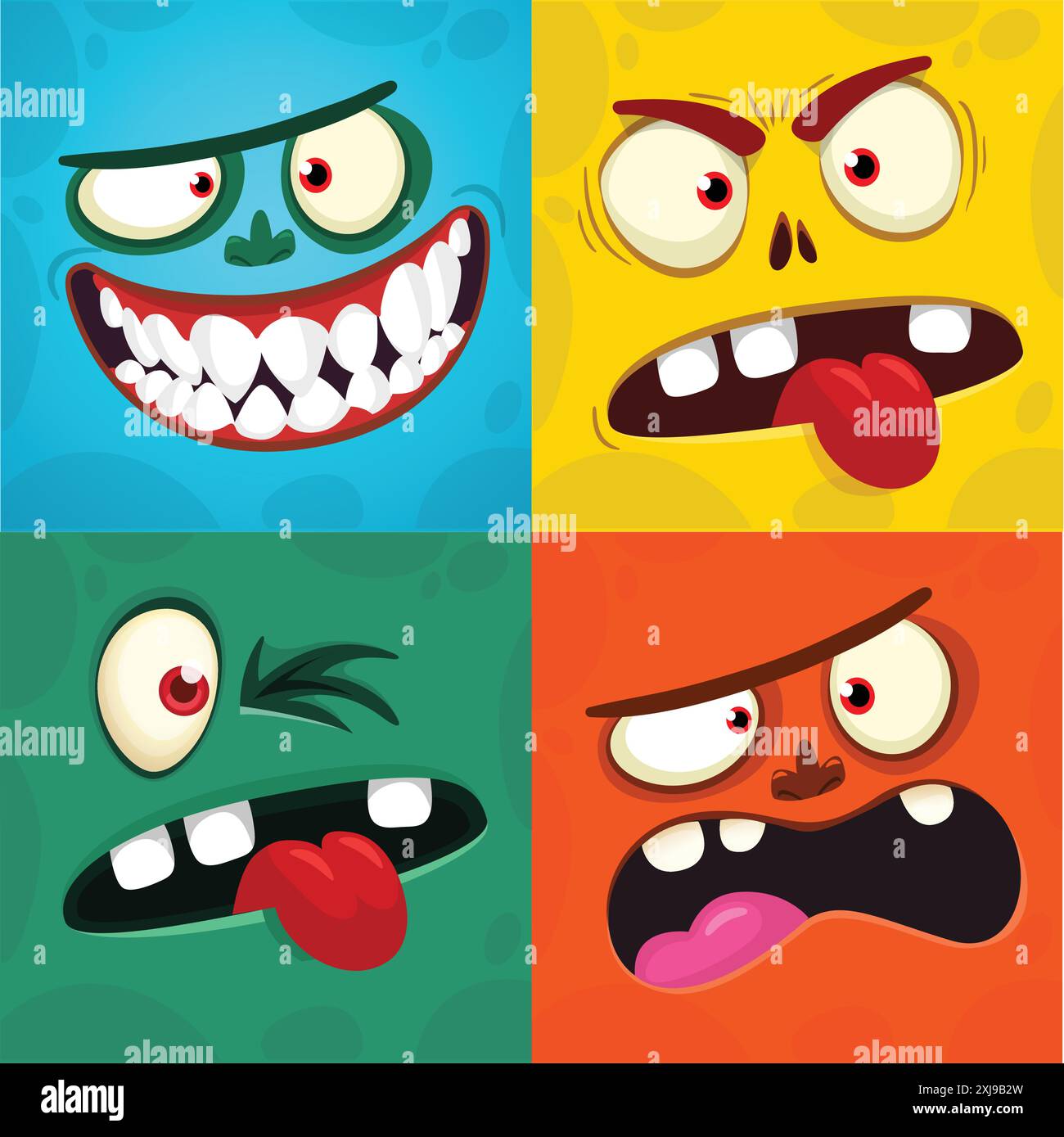 Funny cartoon monster face set. Illustration of cute and happy monsters ...