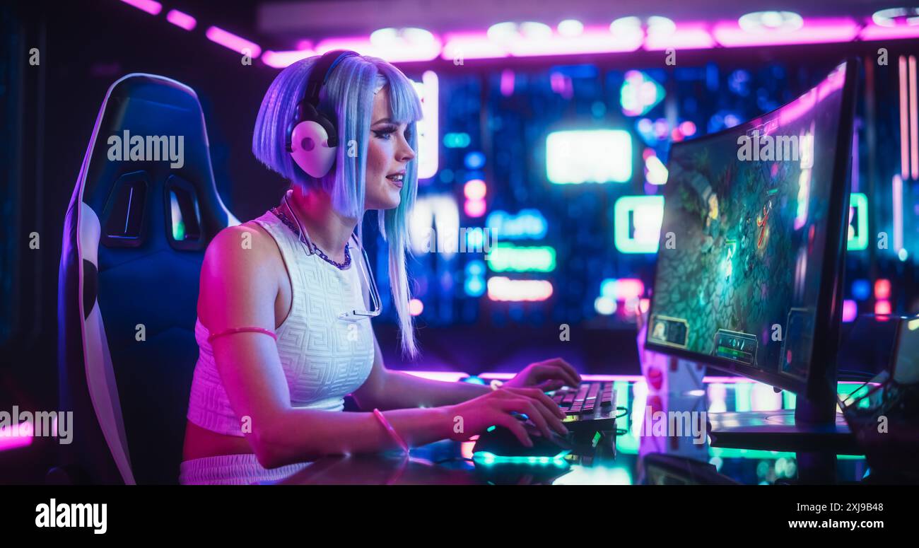 Professional Beautiful Female eSports Gamer Playing 3D Strategy Video ...
