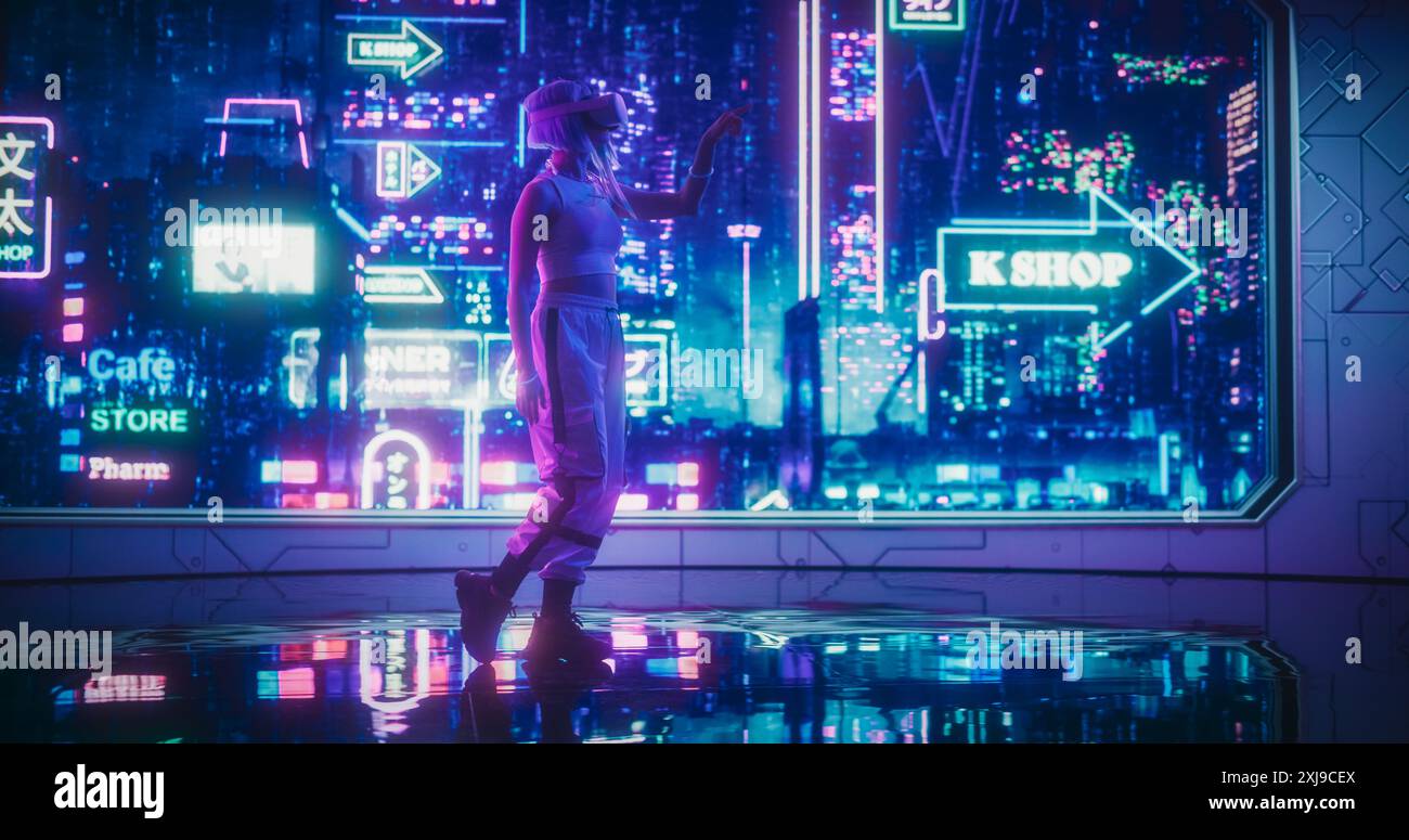 Extravagant Gamer Girl Wearing a Virtual Reality Headset and Using ...