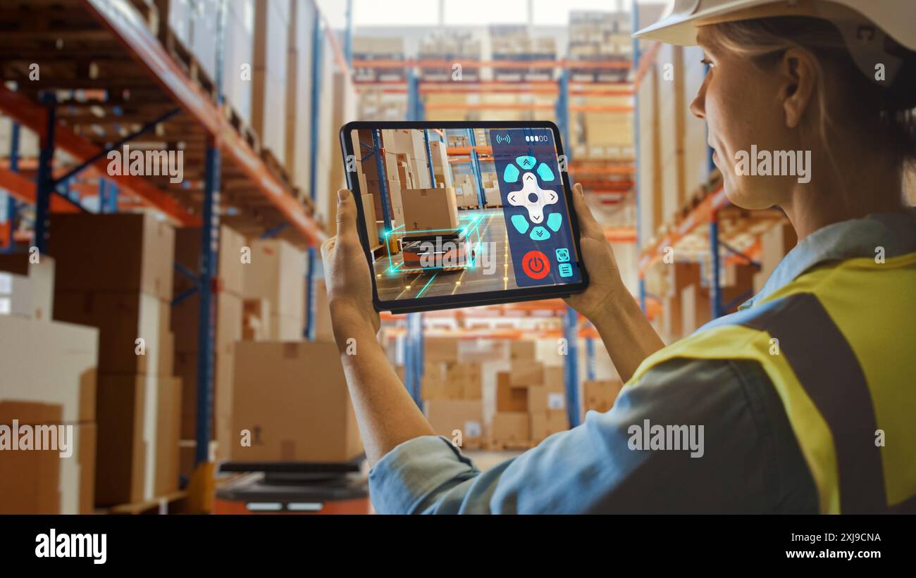 Future Technology Concept: Female Worker Holding Tablet With AR Remote ...