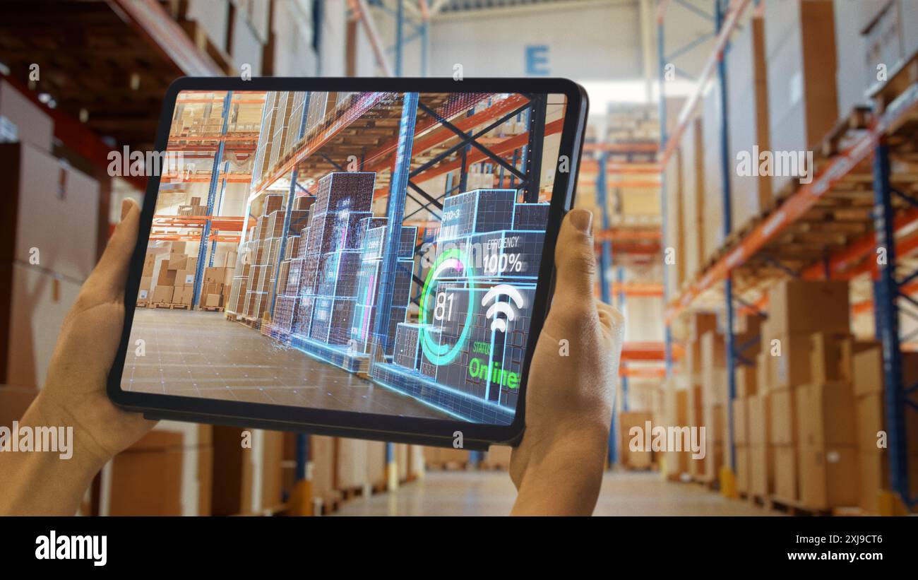 Futuristic Technology Warehouse: Worker Doing Inventory And Using ...