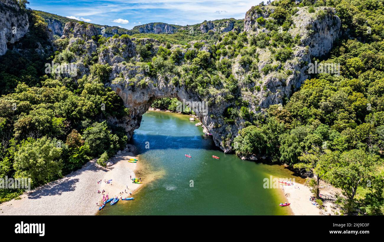Aerial of the Pont d Arc, Ardeche River gorge, Ardeche, Auvergne-Rhone ...