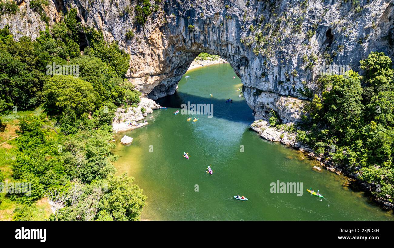 Aerial of the Pont d Arc, Ardeche River gorge, Ardeche, Auvergne-Rhone ...