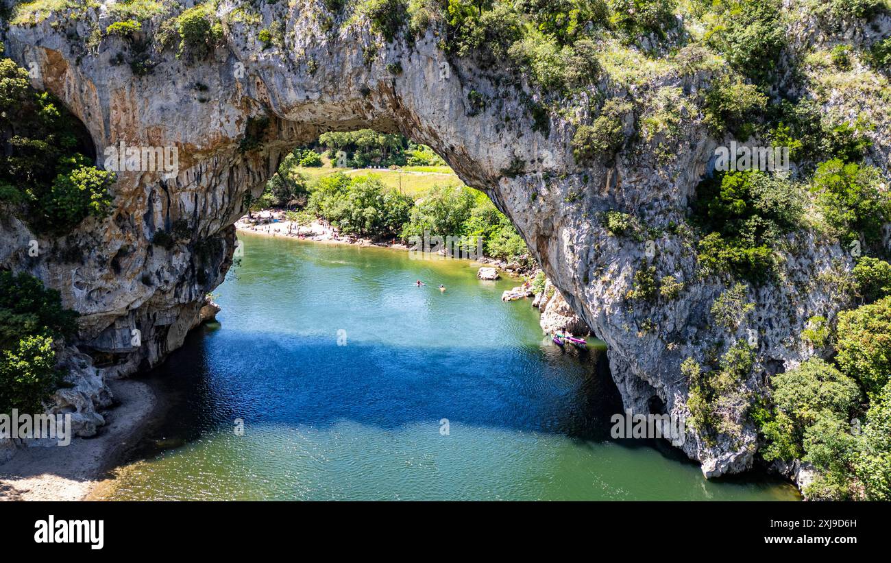 Aerial of the Pont d Arc, Ardeche River gorge, Ardeche, Auvergne-Rhone ...