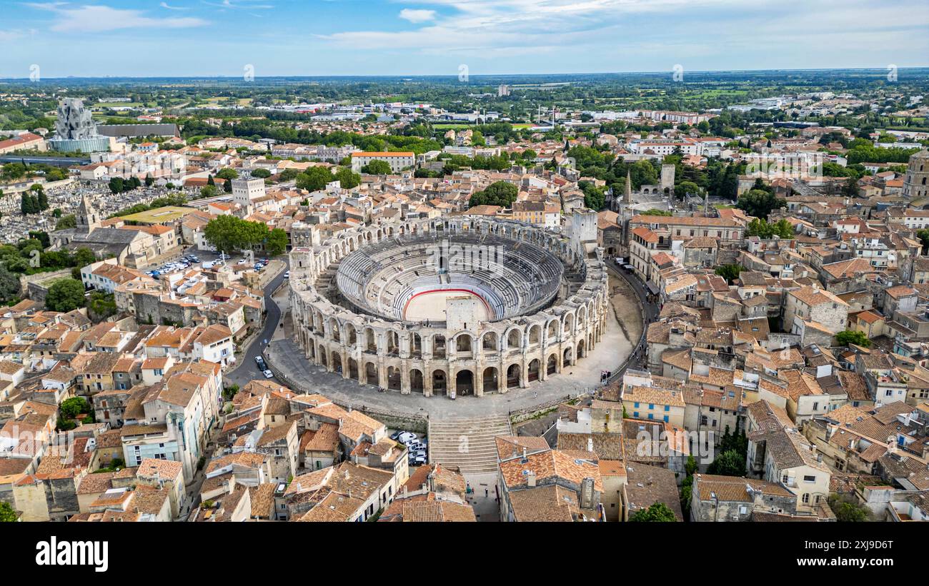 Aerial of the city with the Roman Amphitheatre, UNESCO World Heritage Site, Arles, Bouches du ...