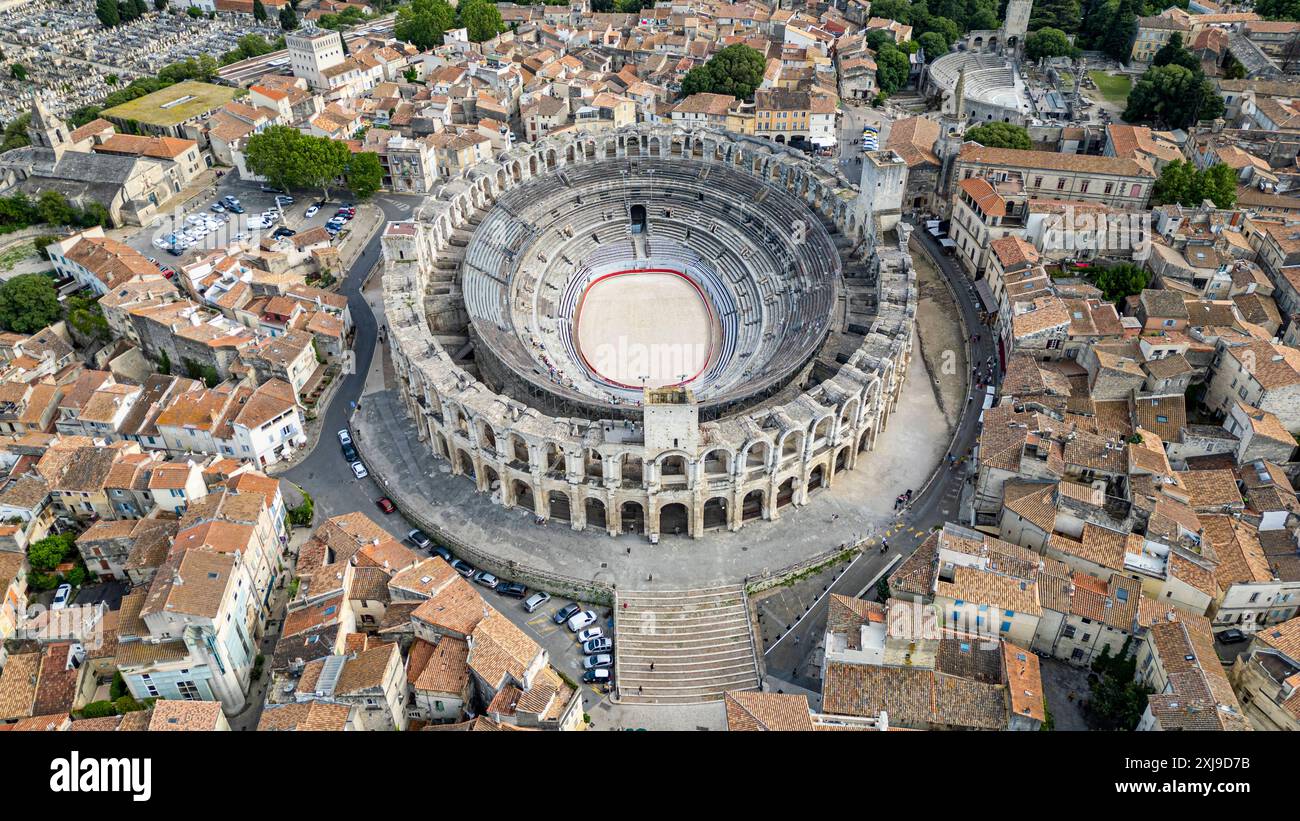 Aerial of the city with the Roman Amphitheatre, UNESCO World Heritage Site, Arles, Bouches du ...