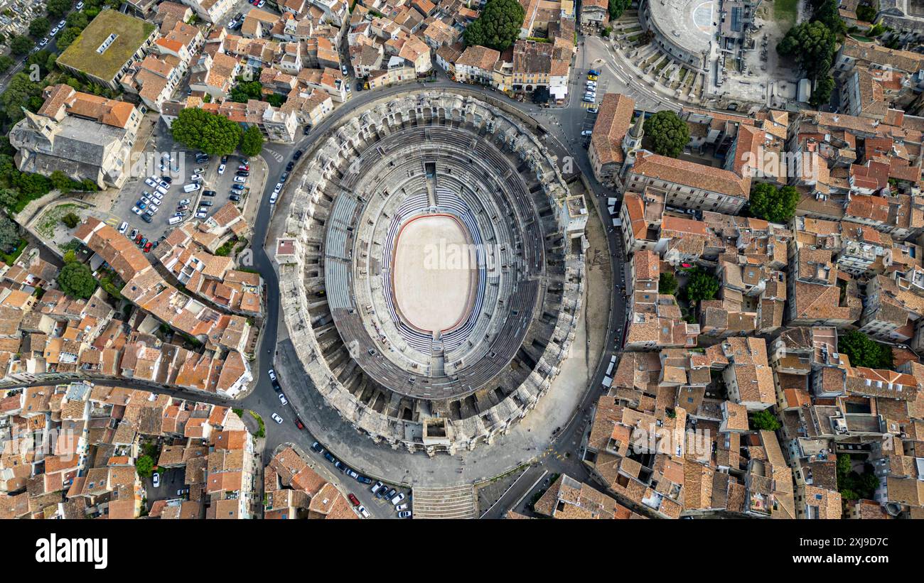 Aerial of the city with the Roman Amphitheatre, UNESCO World Heritage Site, Arles, Bouches du ...