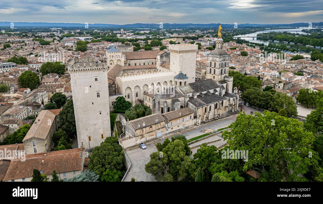 Aerial of the historic city and the Palace of the Popes, Avignon ...