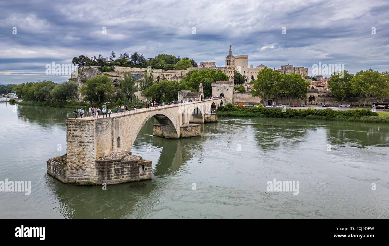 Aerial of the historic Bridge of Saint Benezet Pont d Avignon with the ...