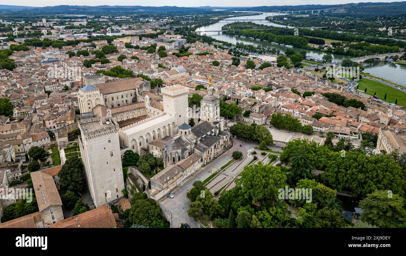 Aerial of the historic city and the Palace of the Popes, Avignon ...
