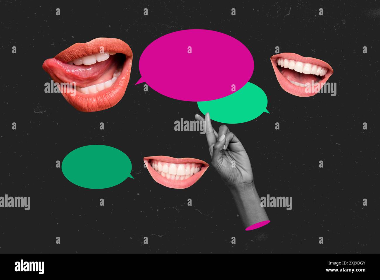 Creative collage woman face fragment communication smile teeth speech ...