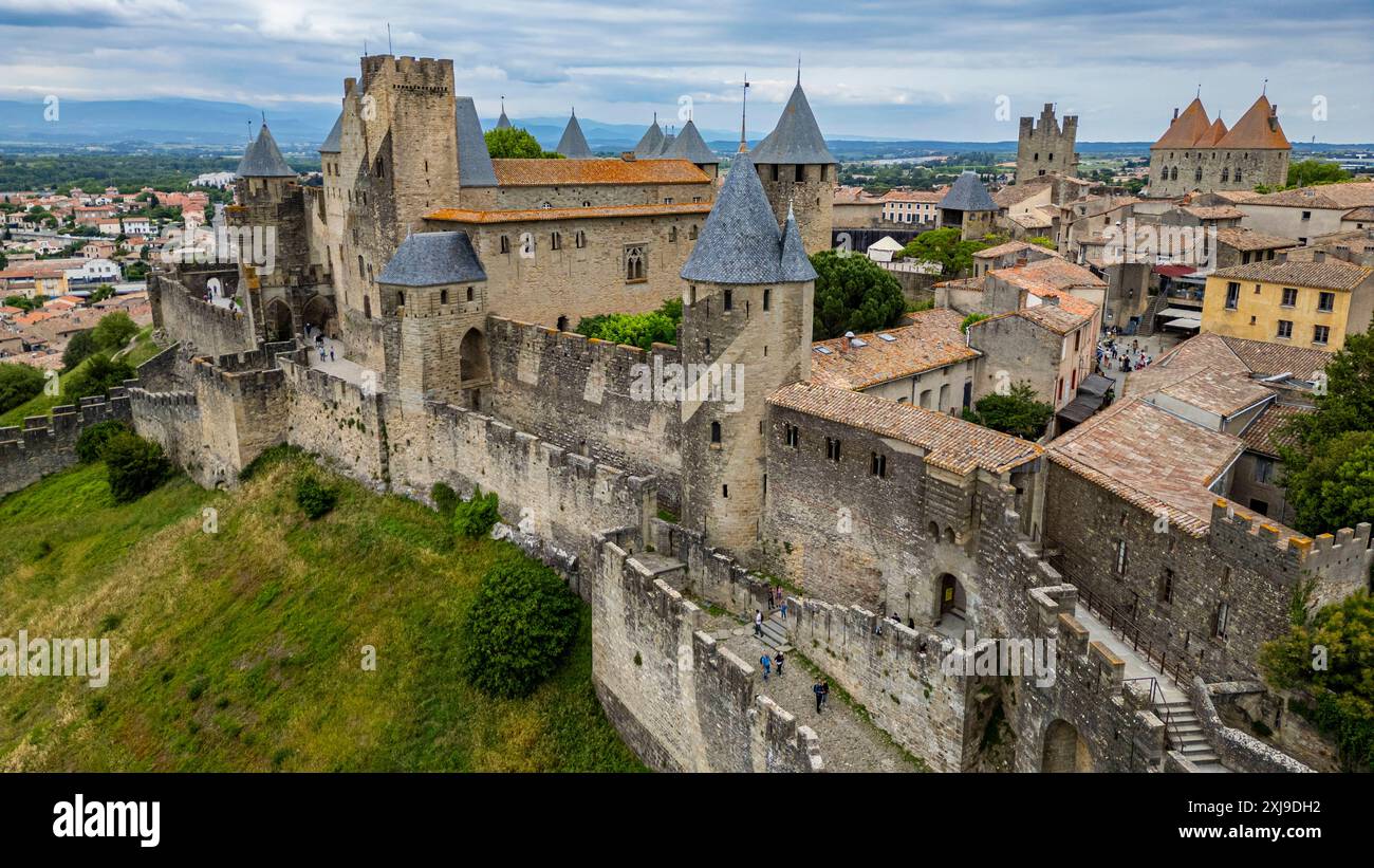 Aerial of the Cite de Carcassonne citadel, UNESCO World Heritage Site ...