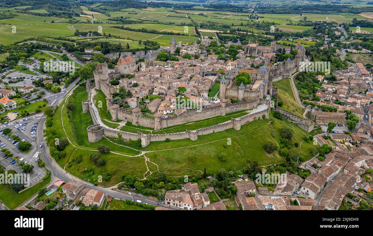 Aerial of the Cite de Carcassonne citadel, UNESCO World Heritage Site ...