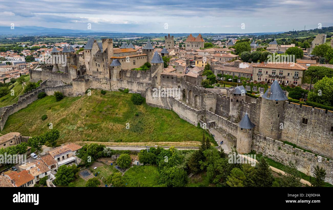 Aerial of the Cite de Carcassonne citadel, UNESCO World Heritage Site ...