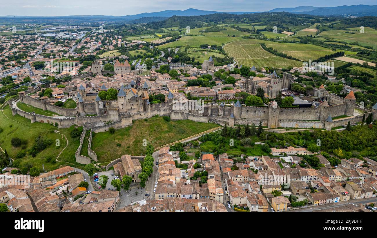 Aerial of the Cite de Carcassonne citadel, UNESCO World Heritage Site ...