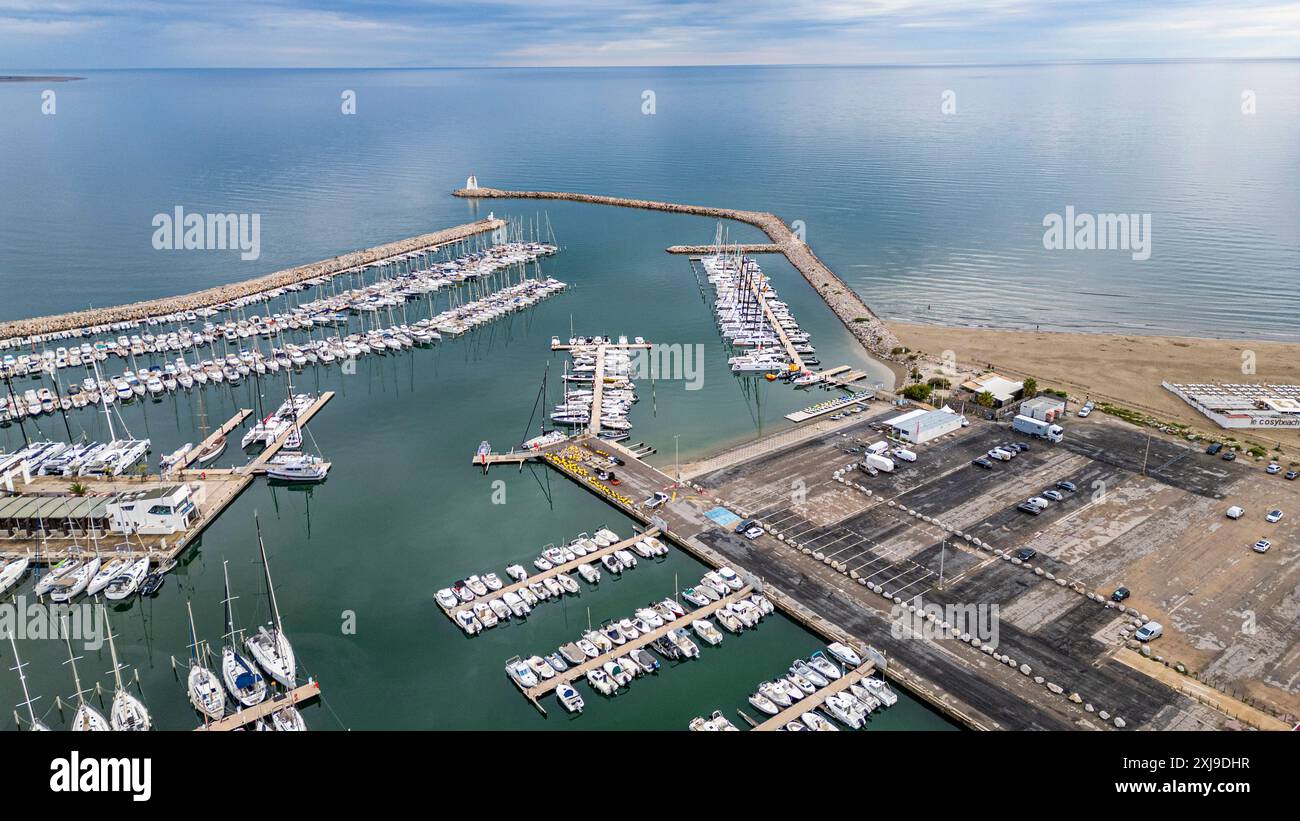 Aerial of the sport harbour, futuristic seaside town of La Grande Motte ...