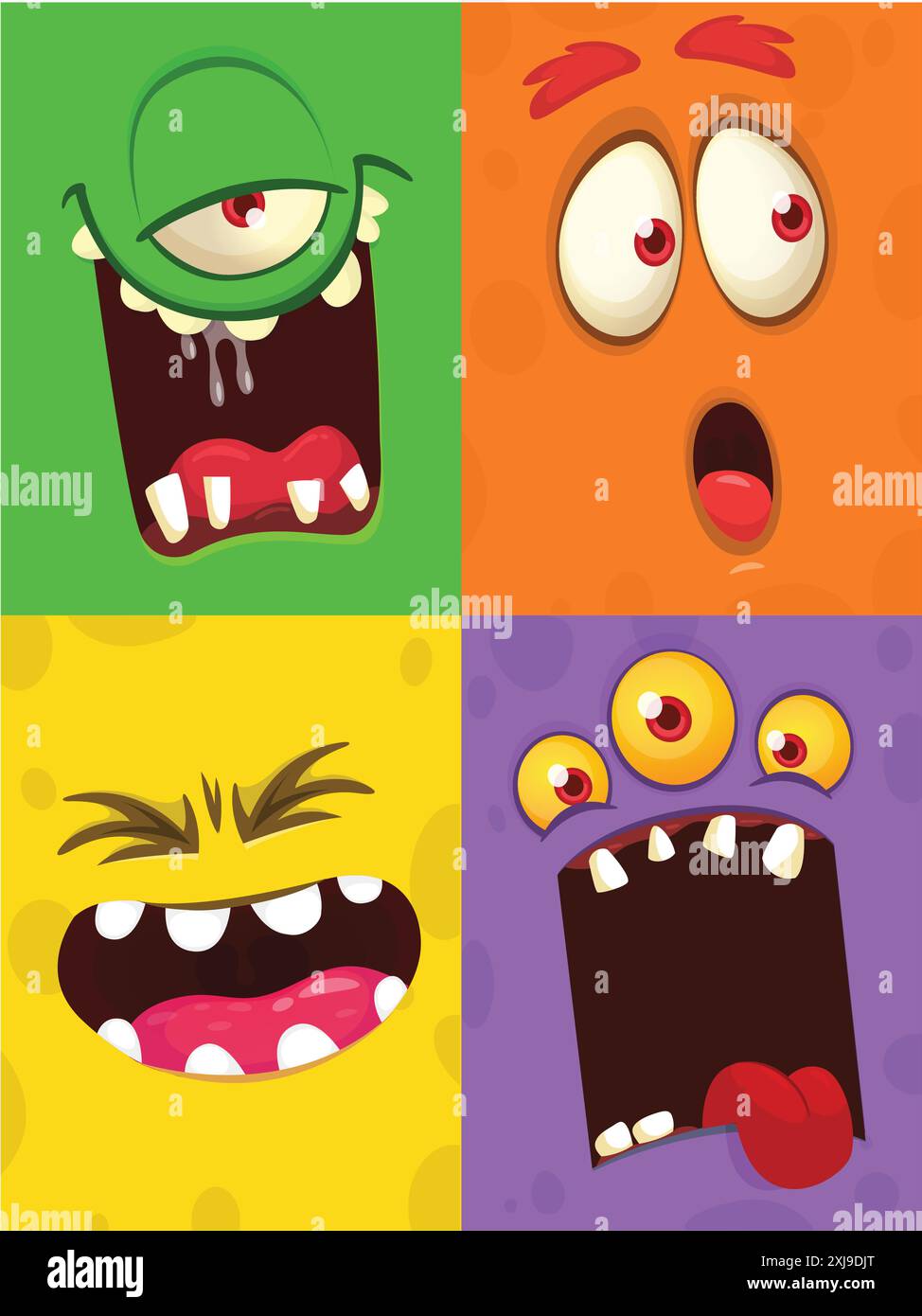 Funny cartoon monster face set. Illustration of cute and happy monsters ...