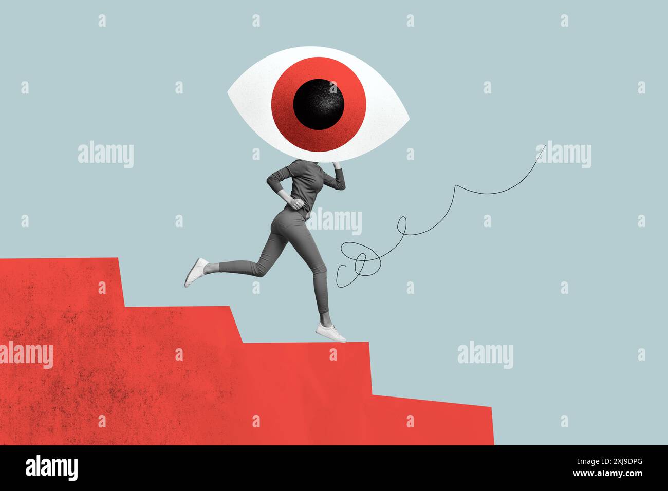 Creative collage headless woman run huge eye vision sight supervision ...