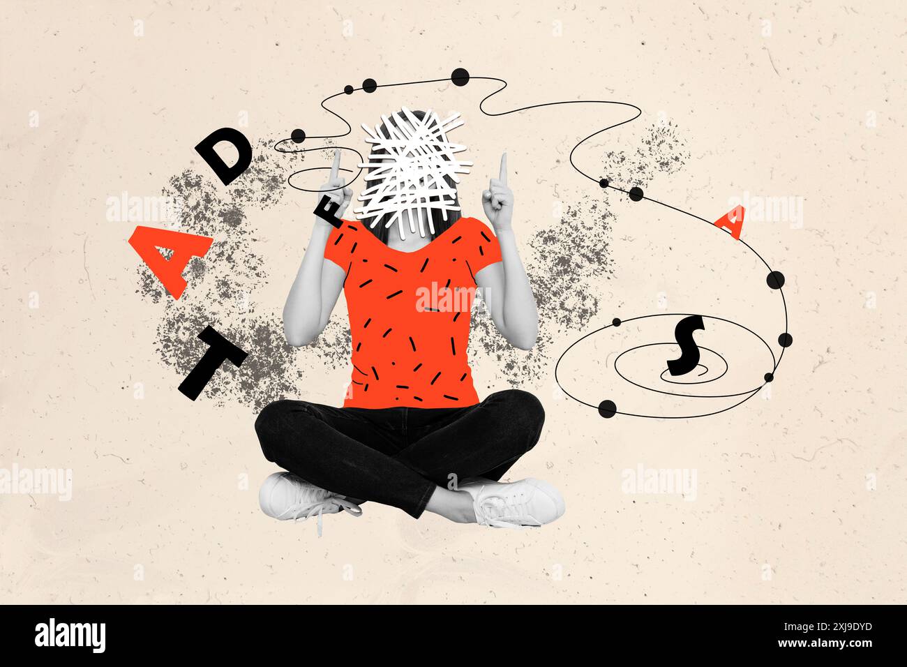 Creative collage picture headless girl sit gesture finger up showing ...