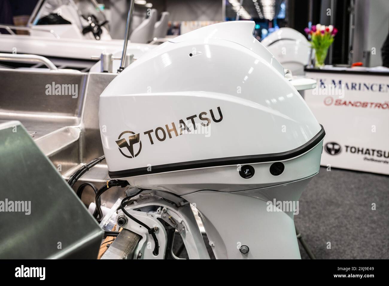 Gothenburg, Sweden - February 11 2024: White Tohatsu outboard engine at ...