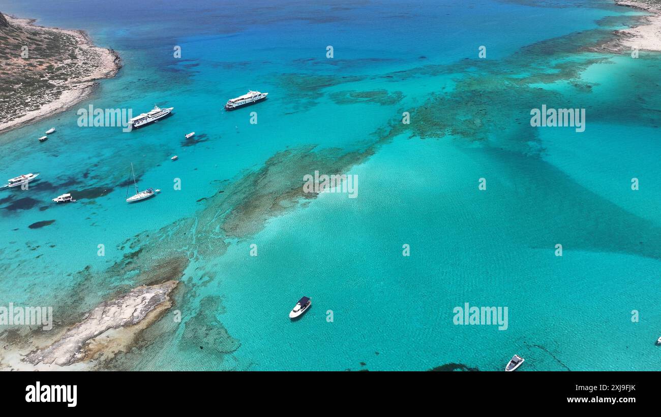 Aerial view of Balos Lagoon, Balos Beach and Cape Tigani, Gramvousa ...