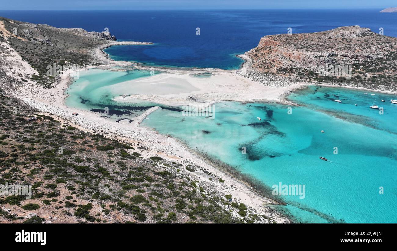 Aerial view of Balos Lagoon, Balos Beach and Cape Tigani, Gramvousa ...