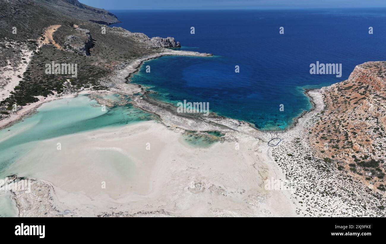 Aerial view of Balos Lagoon, Balos Beach and Cape Tigani, Gramvousa ...