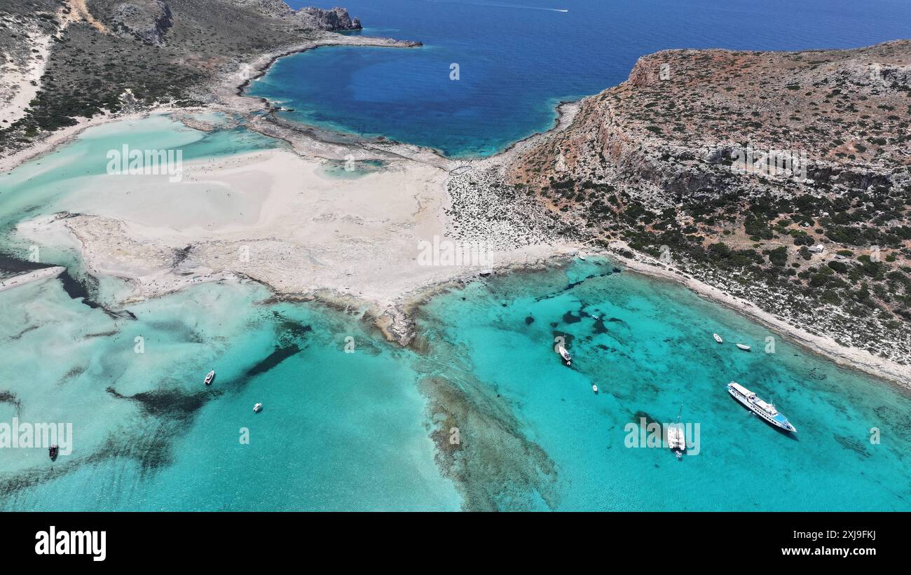 Aerial view of Balos Lagoon, Balos Beach and Cape Tigani, Gramvousa ...