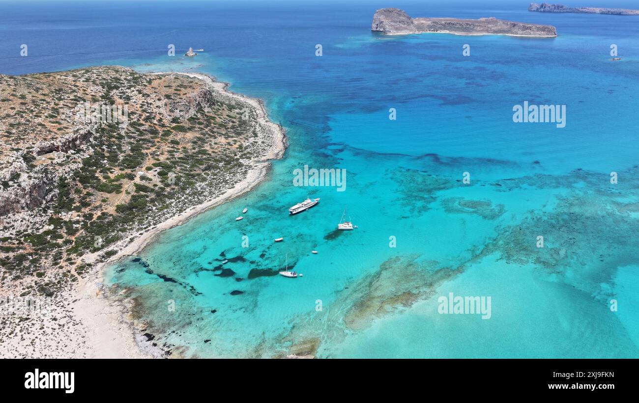 Aerial view of Balos Lagoon, Balos Beach and Cape Tigani, Gramvousa ...