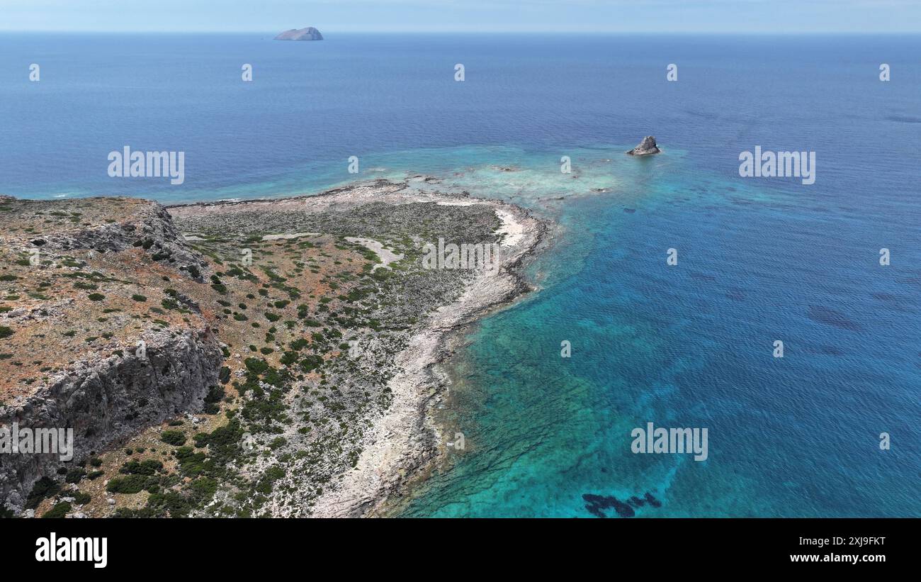 Aerial view of Balos Lagoon, Balos Beach and Cape Tigani, Gramvousa ...