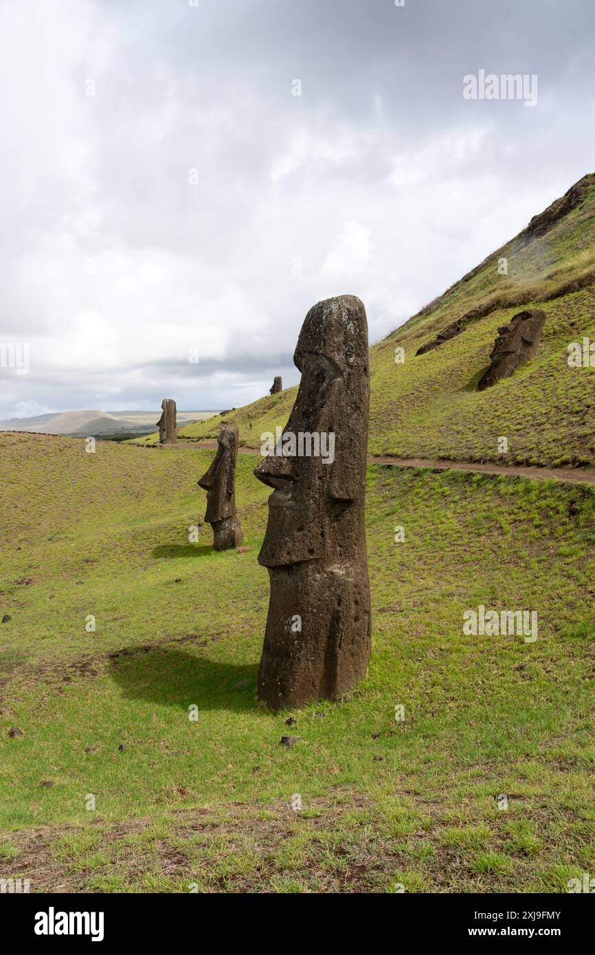 Moai heads on the slope of Rano Raraku on Easter Island (Rapa Nui ...