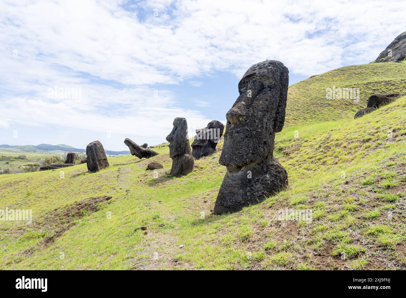 Moai heads on the slope of Rano Raraku on Easter Island (Rapa Nui ...