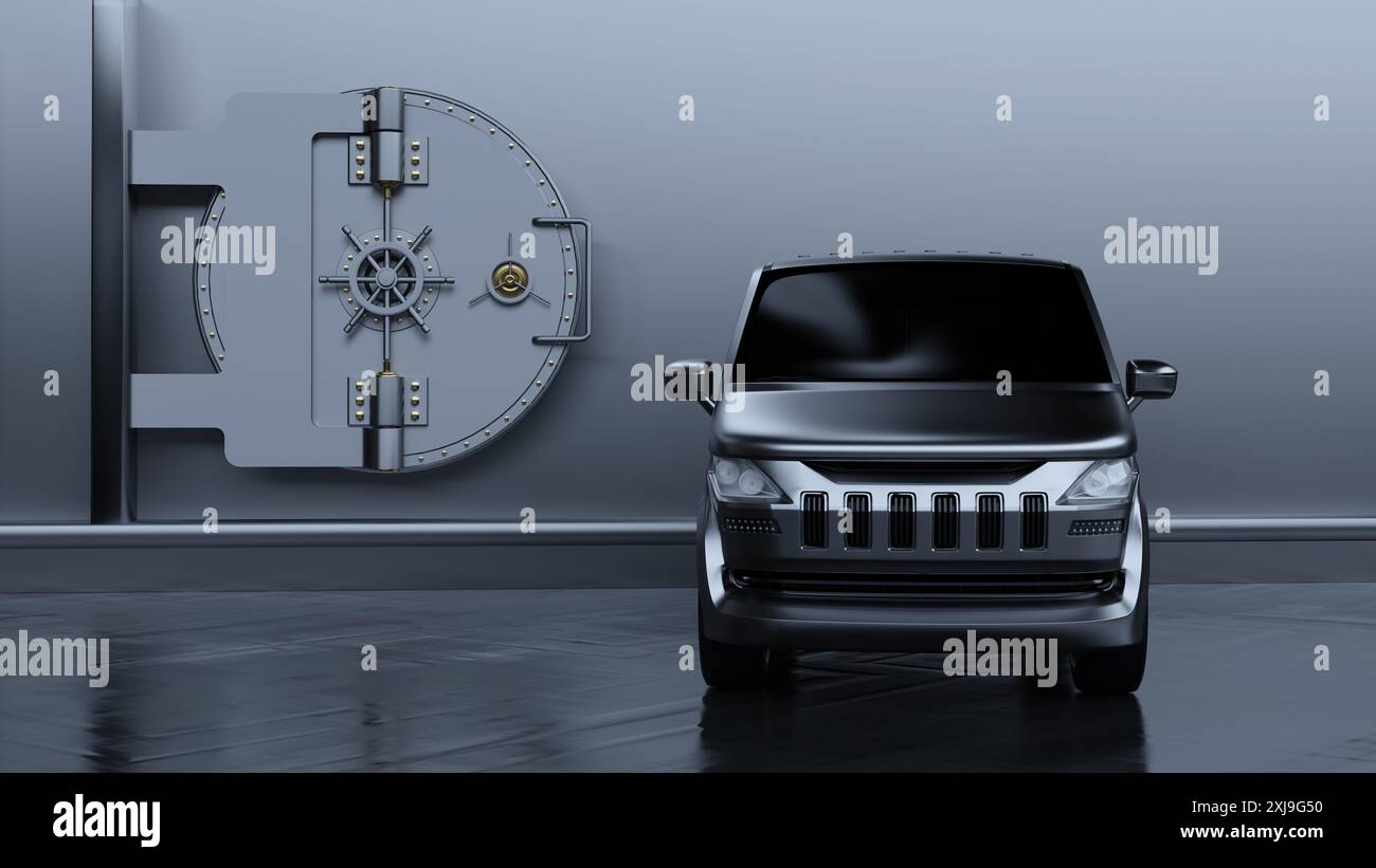 a money transporter stands ready in front of a highly secured vault ...