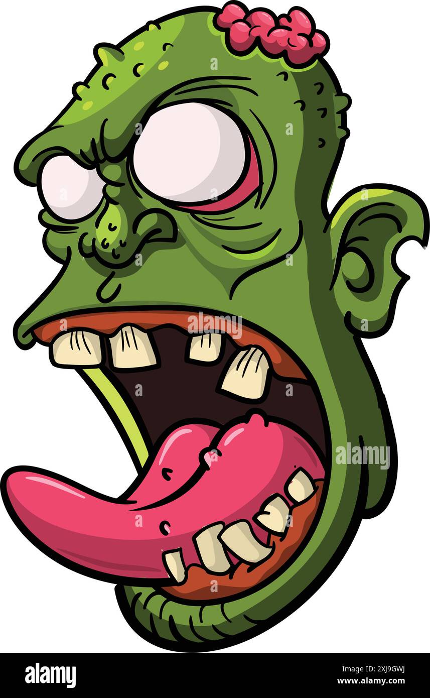Cartoon green zombie skull reaper design with scary face expression ...
