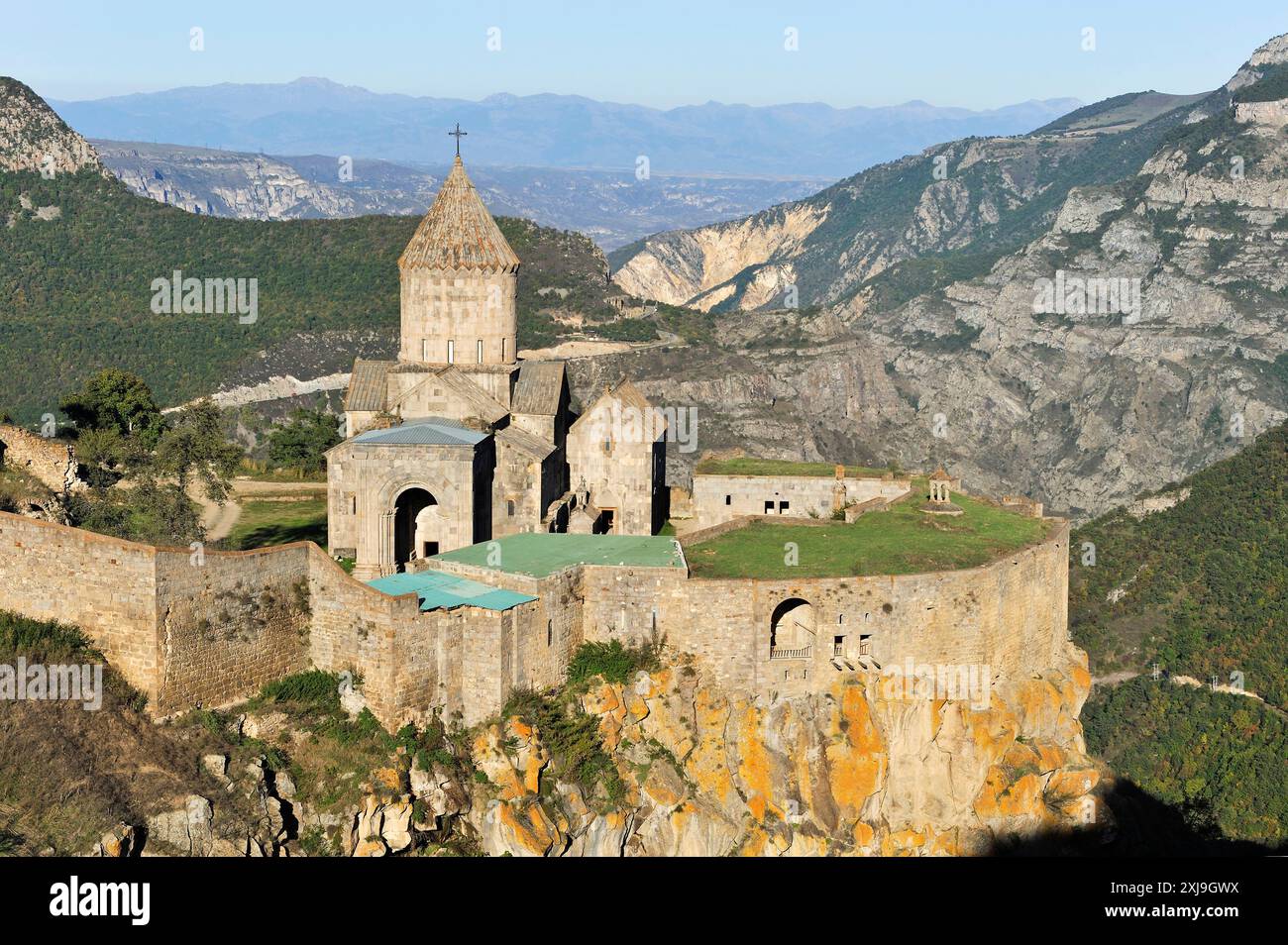Tatev monastery standing on the edge of a deep gorge of the Vorotan ...