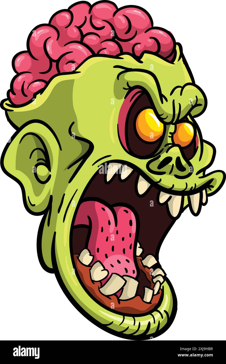 Cartoon green zombie skull reaper design with scary face expression ...