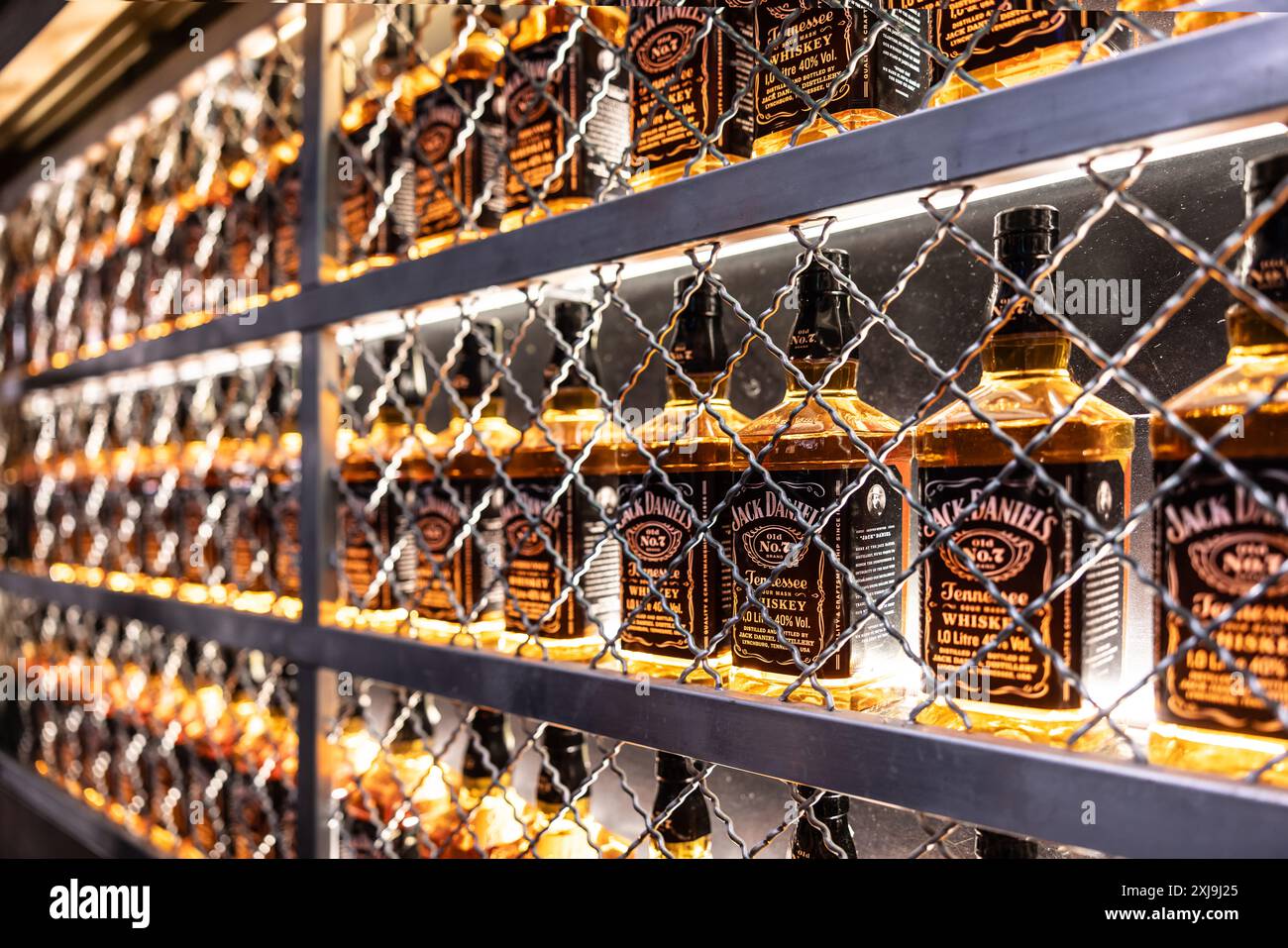 Siofok, Hungary. July 08. 2024. Bar counter with bottles of Jack ...