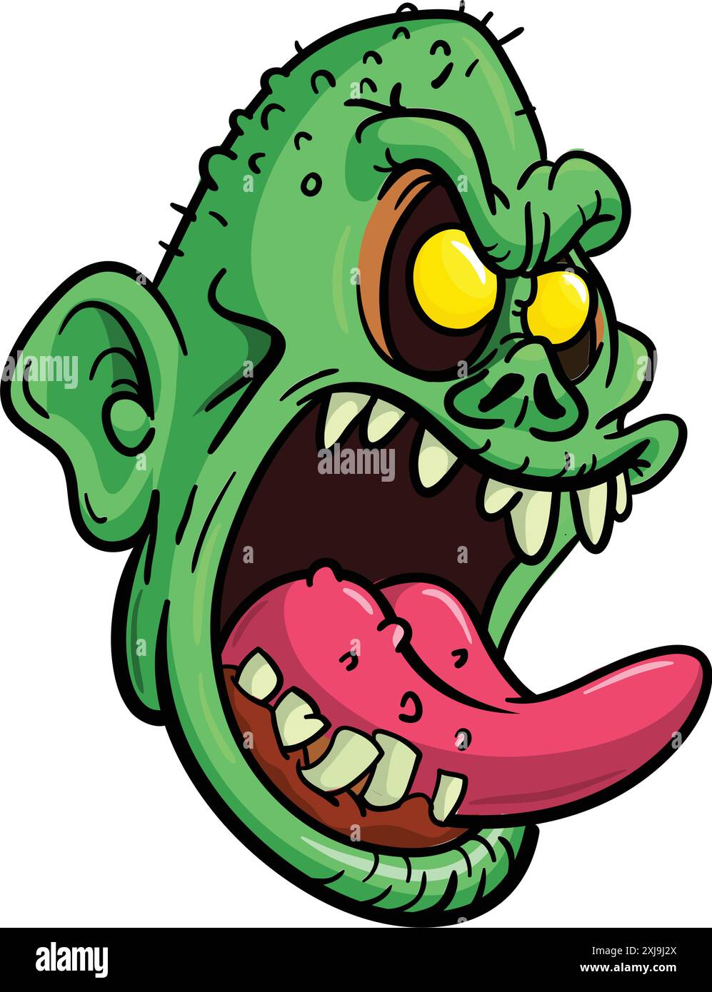 Cartoon green zombie skull reaper design with scary face expression ...