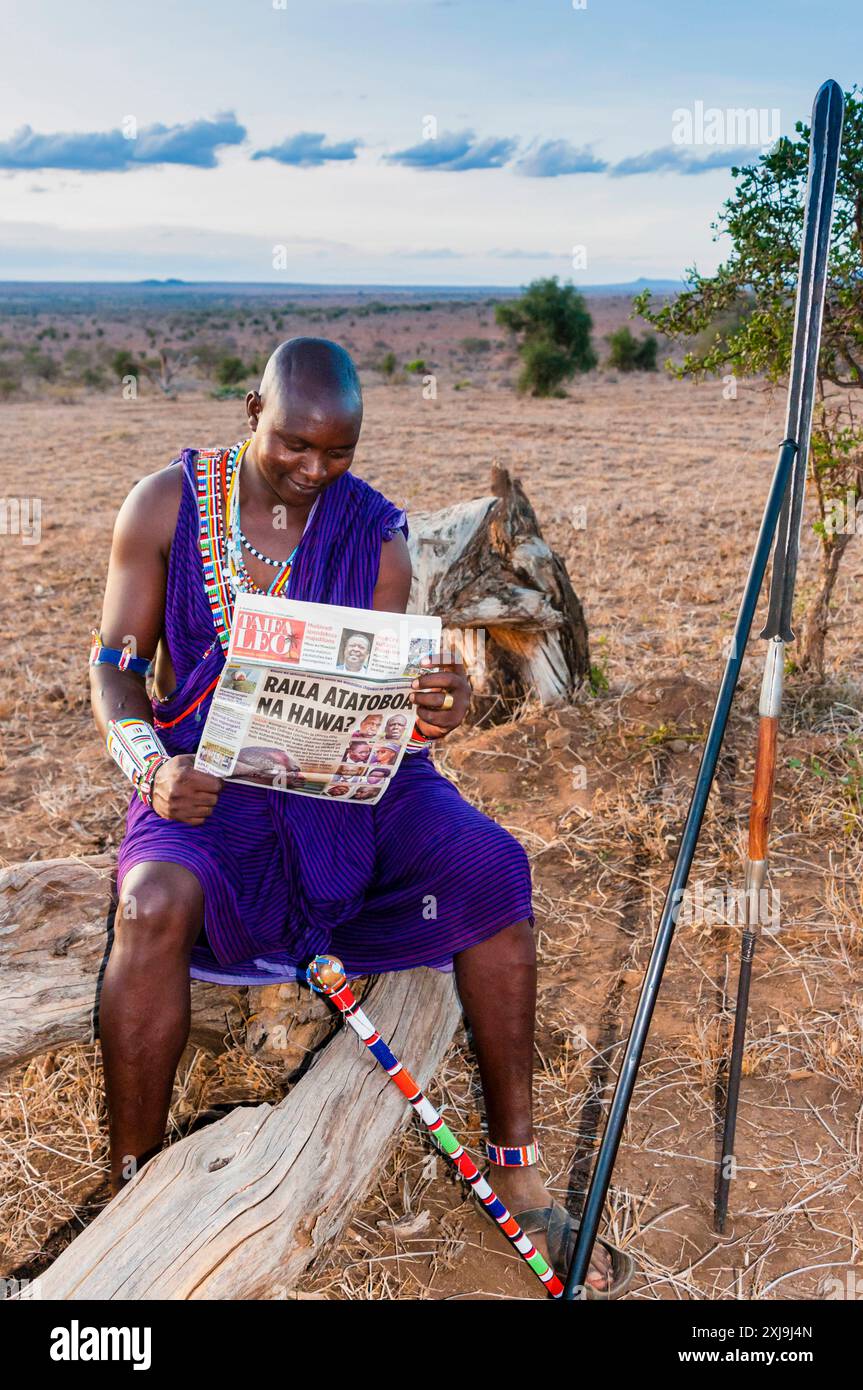 Maasai in the bush reading newspaper, Mwatate, Lualenyi Ranch, Kenya ...