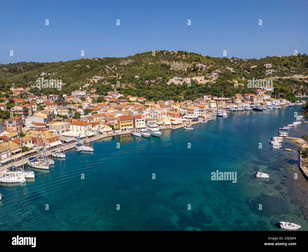 Aerial view of Gaios, the main port and harbour on the island of Paxos ...