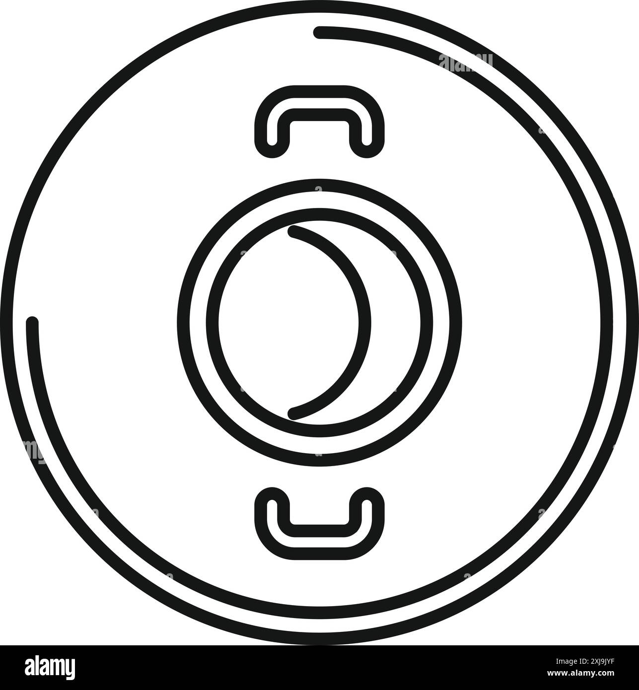 Simple black and white line drawing of a round button with a crescent ...