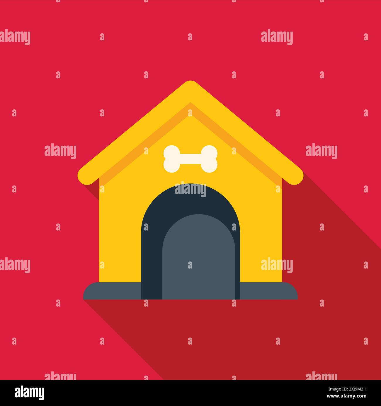 Yellow dog house with bone logo casting a shadow on red background ...