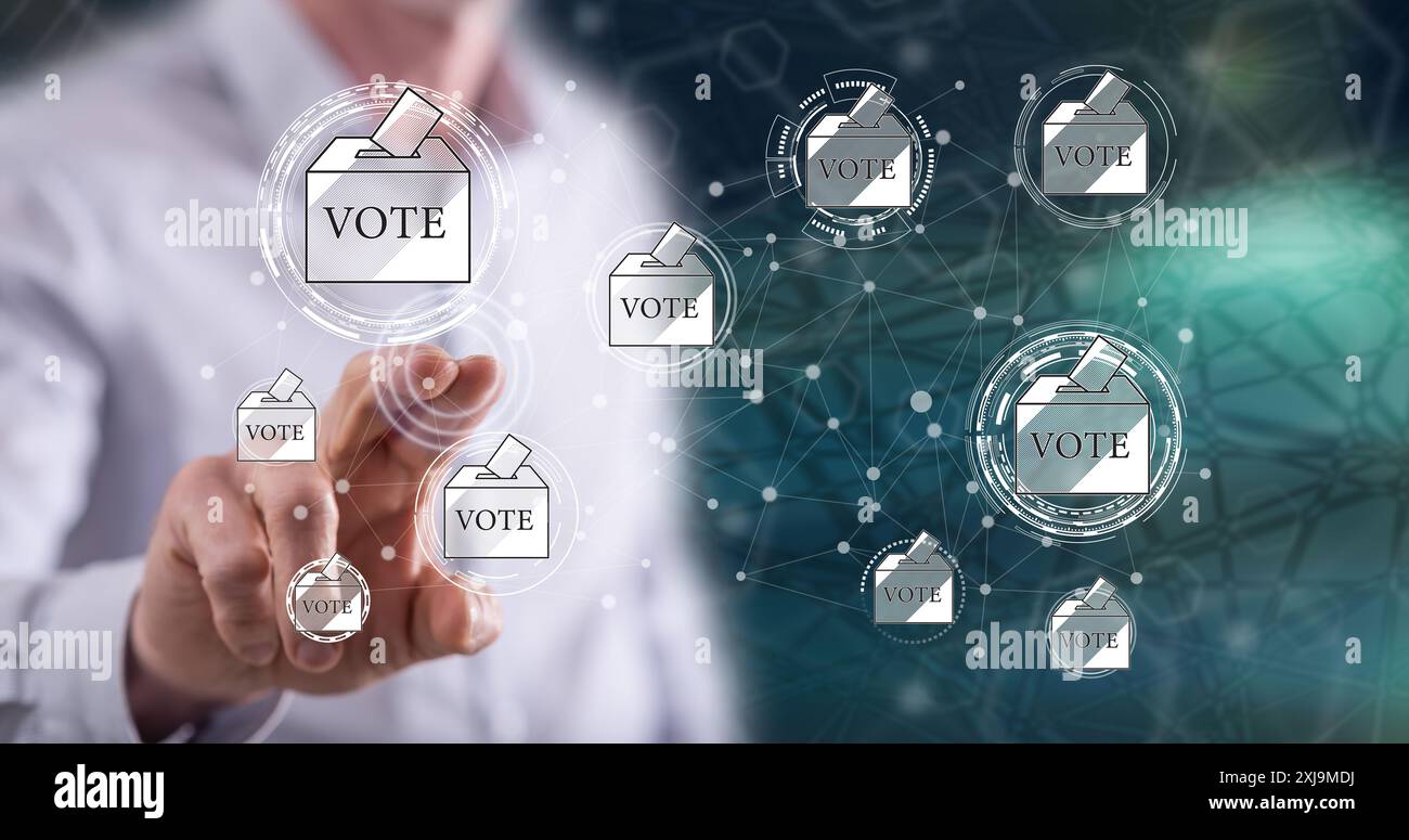 Man touching an online voting concept on a touch screen with his finger ...