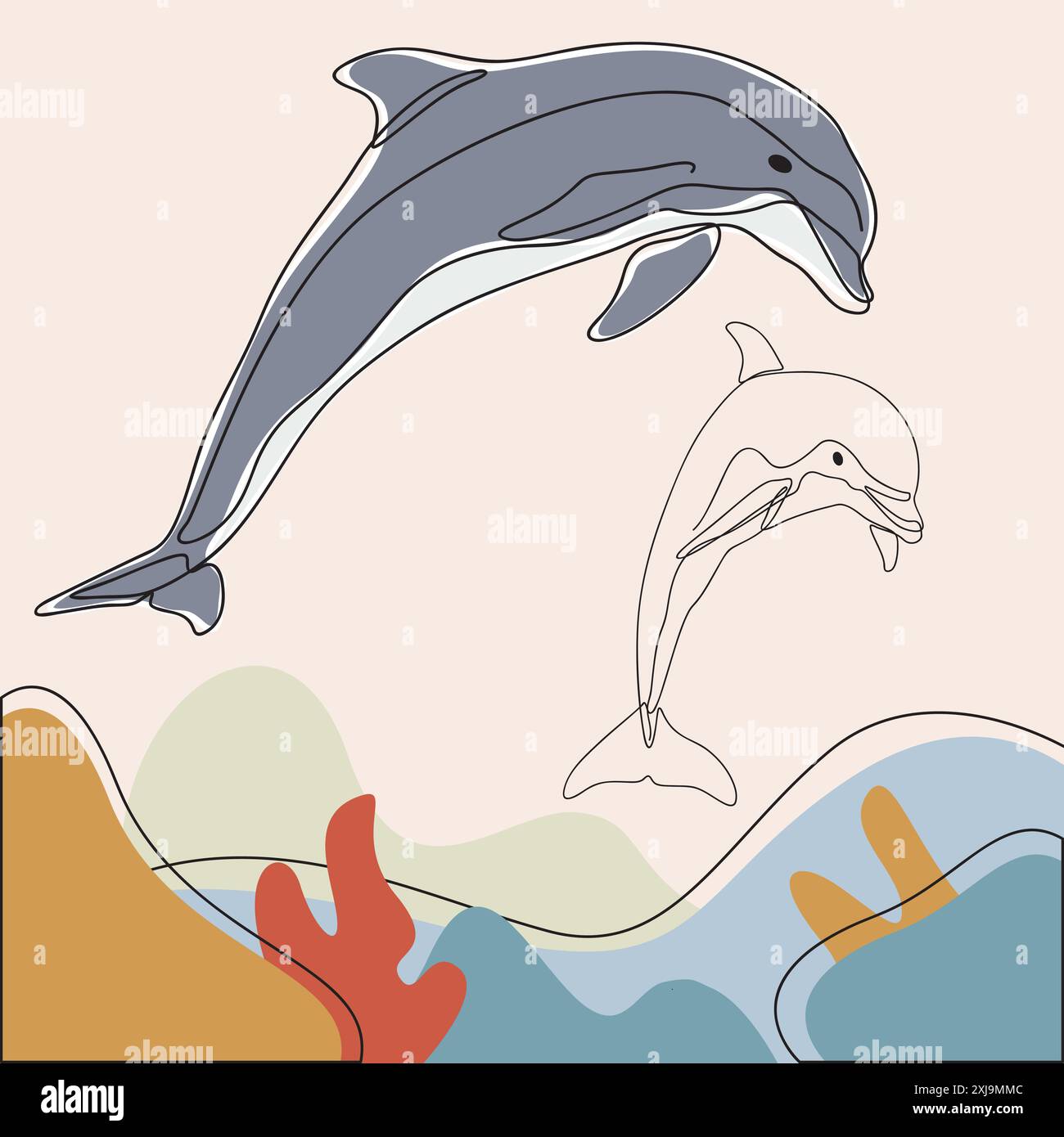 Playful dolphins in vibrant colors, captured in elegant line art style ...
