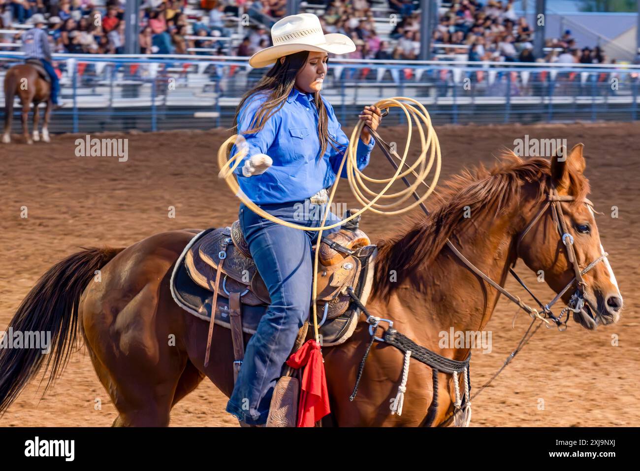 A Navajo rodeo cowgirl in the breakaway roping competion at a rodeo in ...