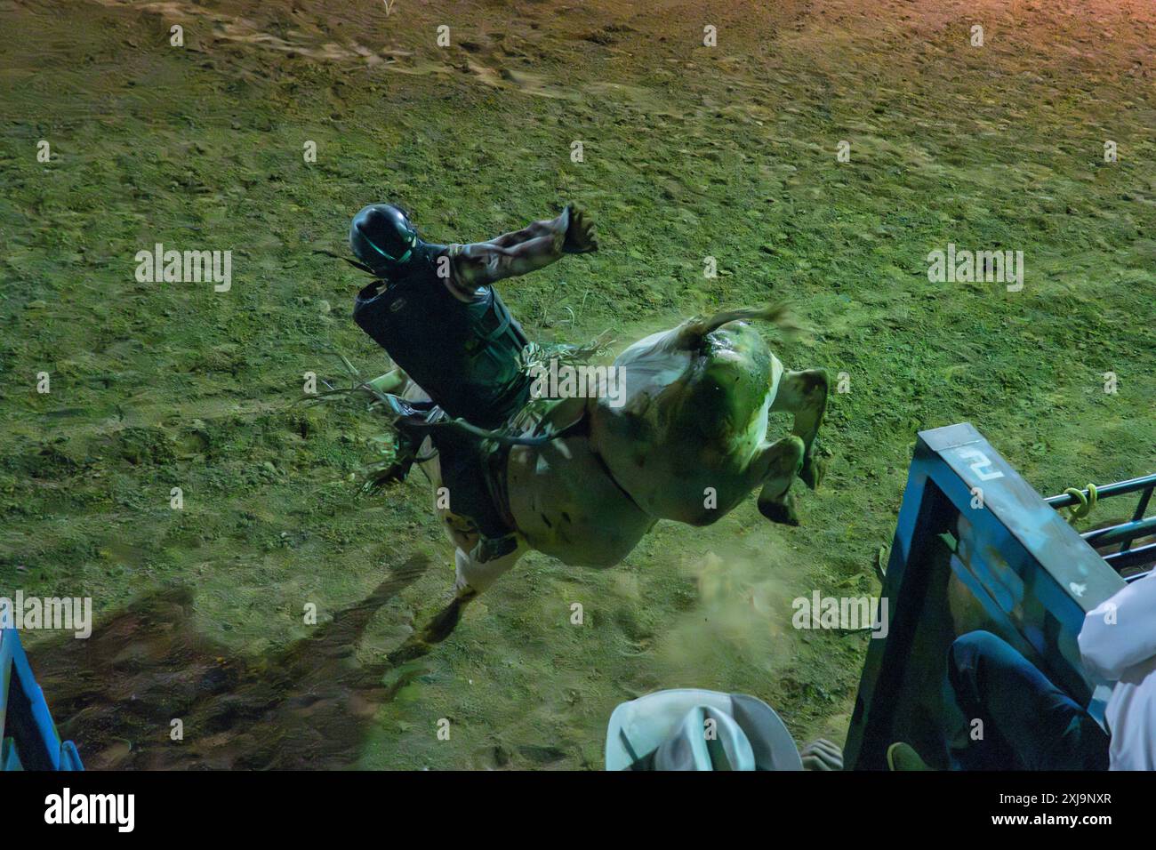 A professional rodeo cowboy rides a bull in a rodeo in a small town in ...