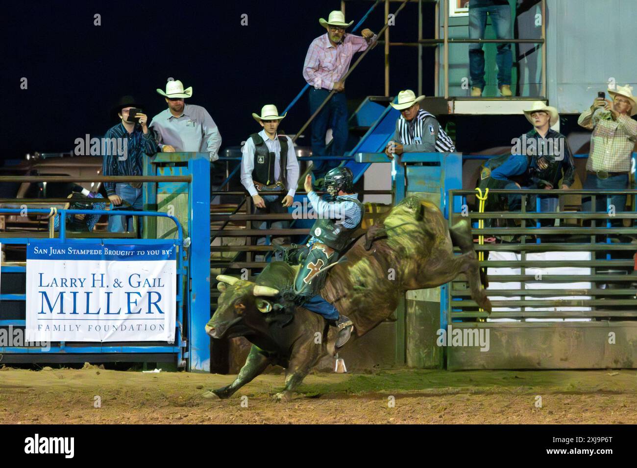 A professional rodeo cowboy rides a bull in a rodeo in a small town in ...