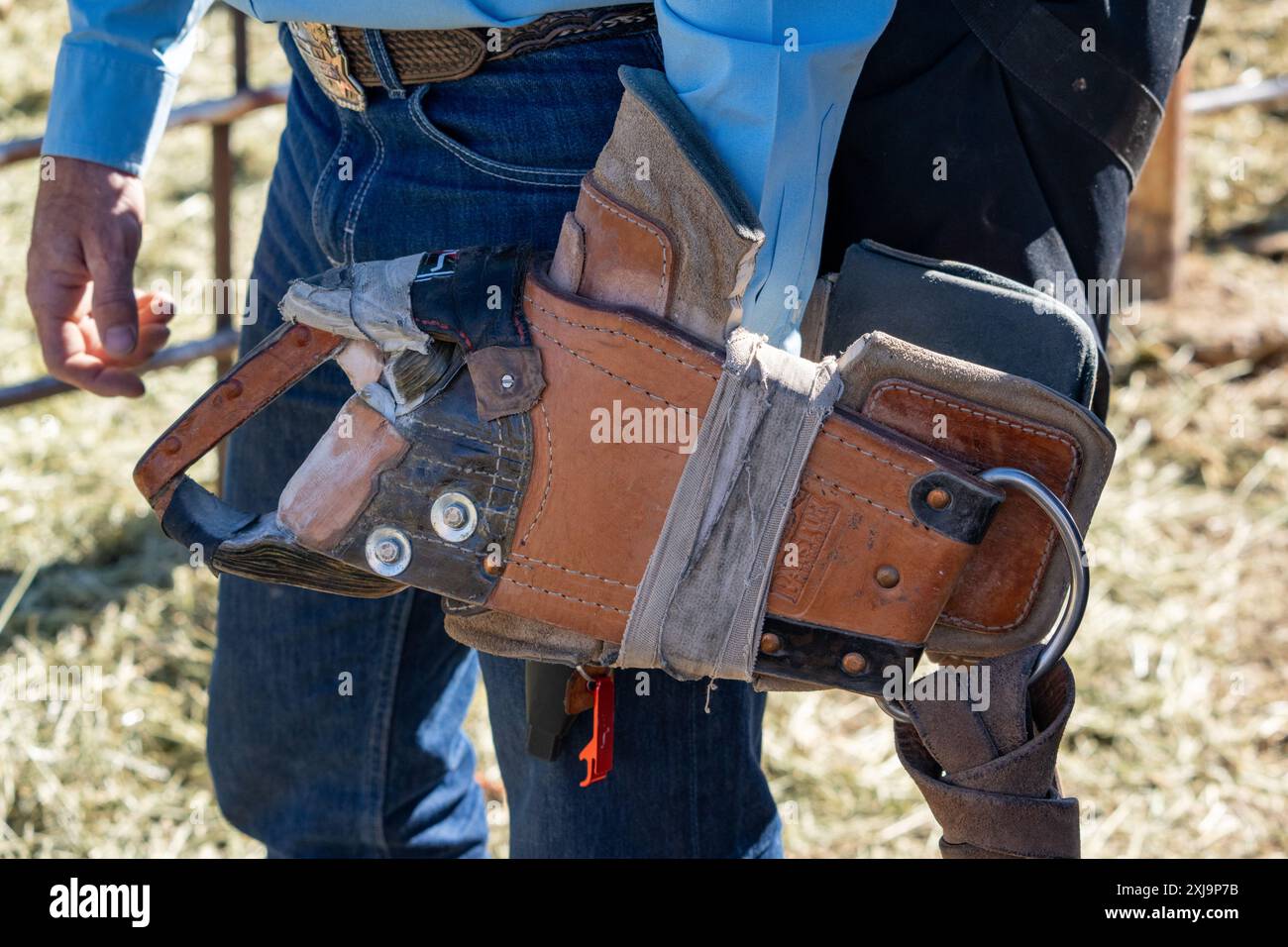 A bareback bronc cowboy carries his bareback rigging, also called a ...